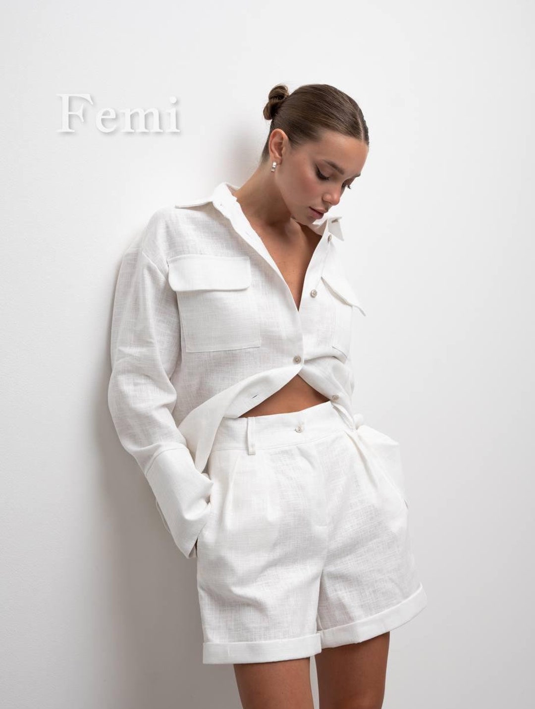 White Women Suit Linen Shirt With Shorts Matching Linen Set White Short ...