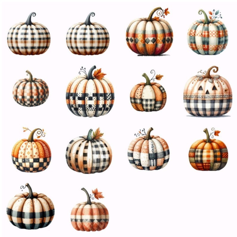 Patchwork Plaid Pumpkin Clipart Bundle, 40 PNG, Fall & Thanksgiving ...