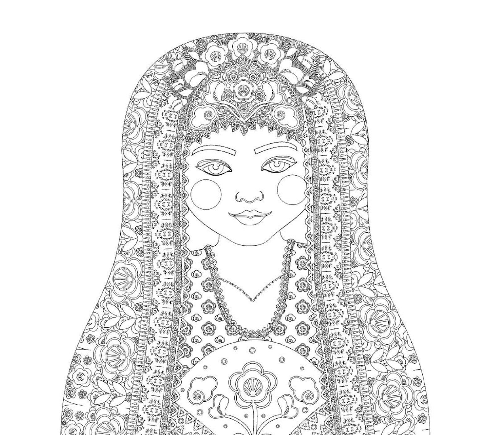 Uzbek Coloring Sheet Printable File, Traditional Folk Dress, Matryoshka ...