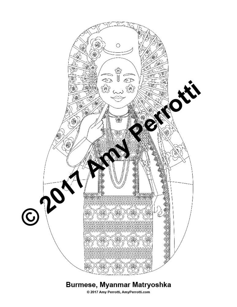 Burmese, Myanmar Coloring Sheet Printable File, Traditional Folk Dress ...