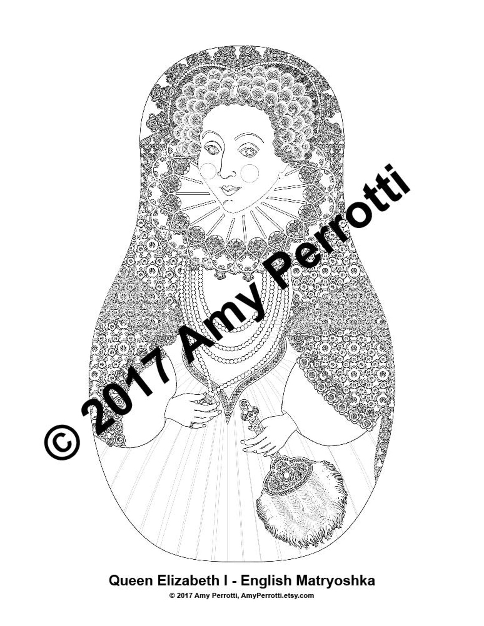 Queen Elizabeth I of England Coloring Sheet Printable File, Matryoshka ...