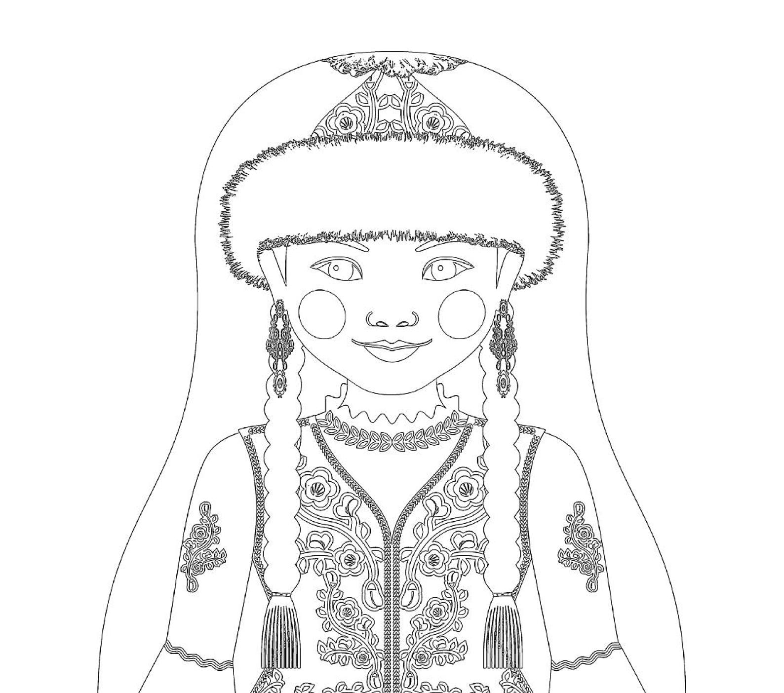 Kazakh Coloring Sheet Printable File, Traditional Folk Dress ...