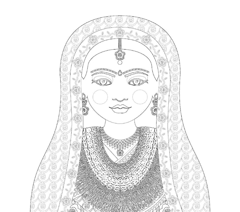 Nepali Bride Coloring Sheet Printable File, Traditional Folk Dress ...