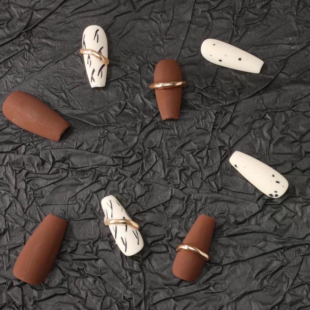 Elegant Brown Ivory Press-on Nails|luxury Matte Nails–perfect Mother’s ...