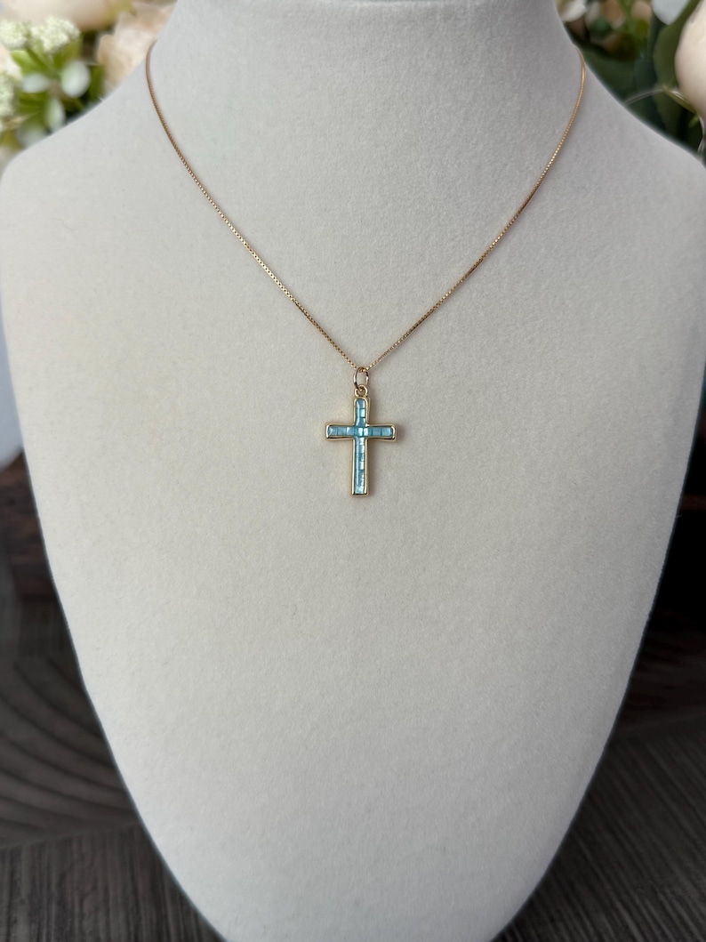 Blue Abalone Shell Cross Pendant on 14K Gold Filled Curb or Box Chain ...