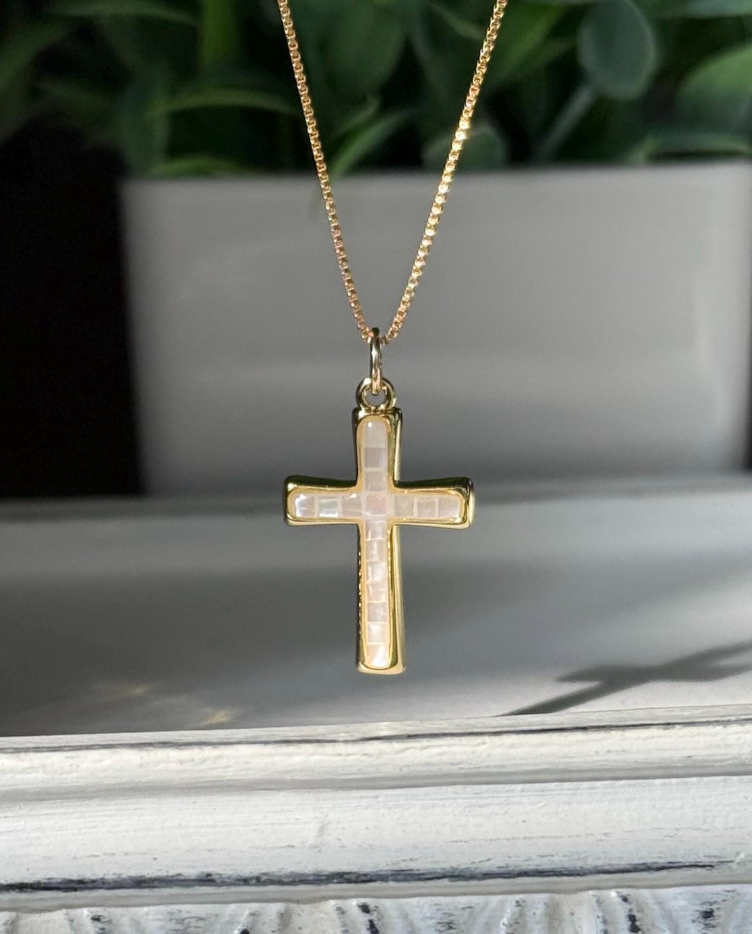 White Abalone Shell Cross Pendant on 14K Gold Filled Curb or Box Chain ...