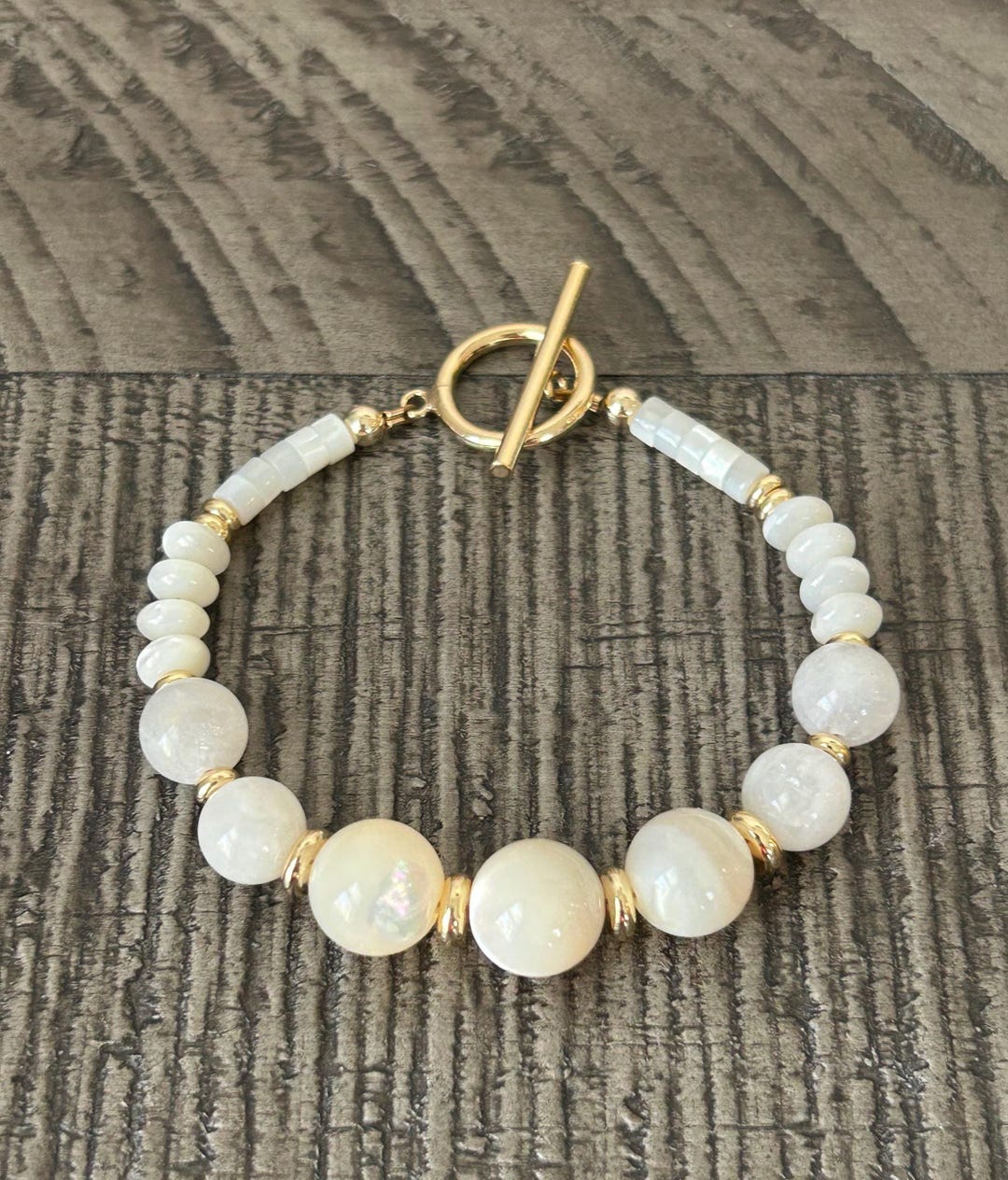 Ivory Mother of Pearl and White Moonstone Gemstone Handmade Bracelet ...
