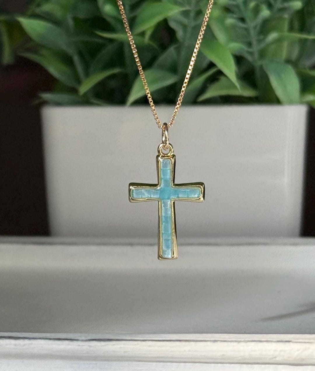 Blue Abalone Shell Cross Pendant on 14K Gold Filled Curb or Box Chain ...