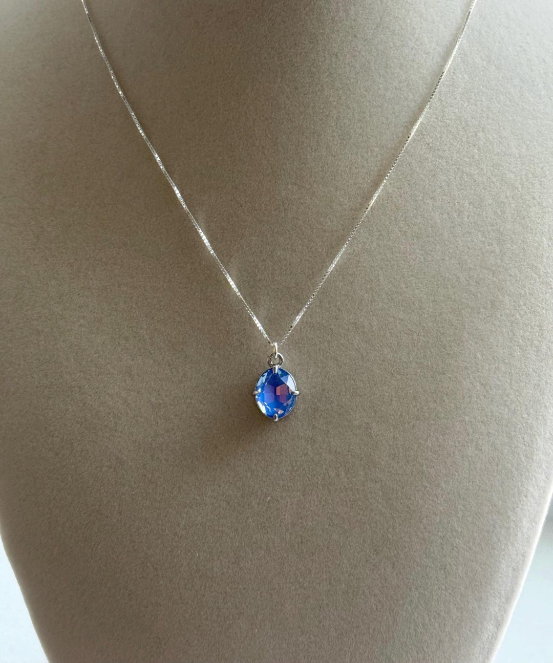 Blue Oval Crystal Pendant on Silver Box Chain; Sparkly Blue Pendant ...
