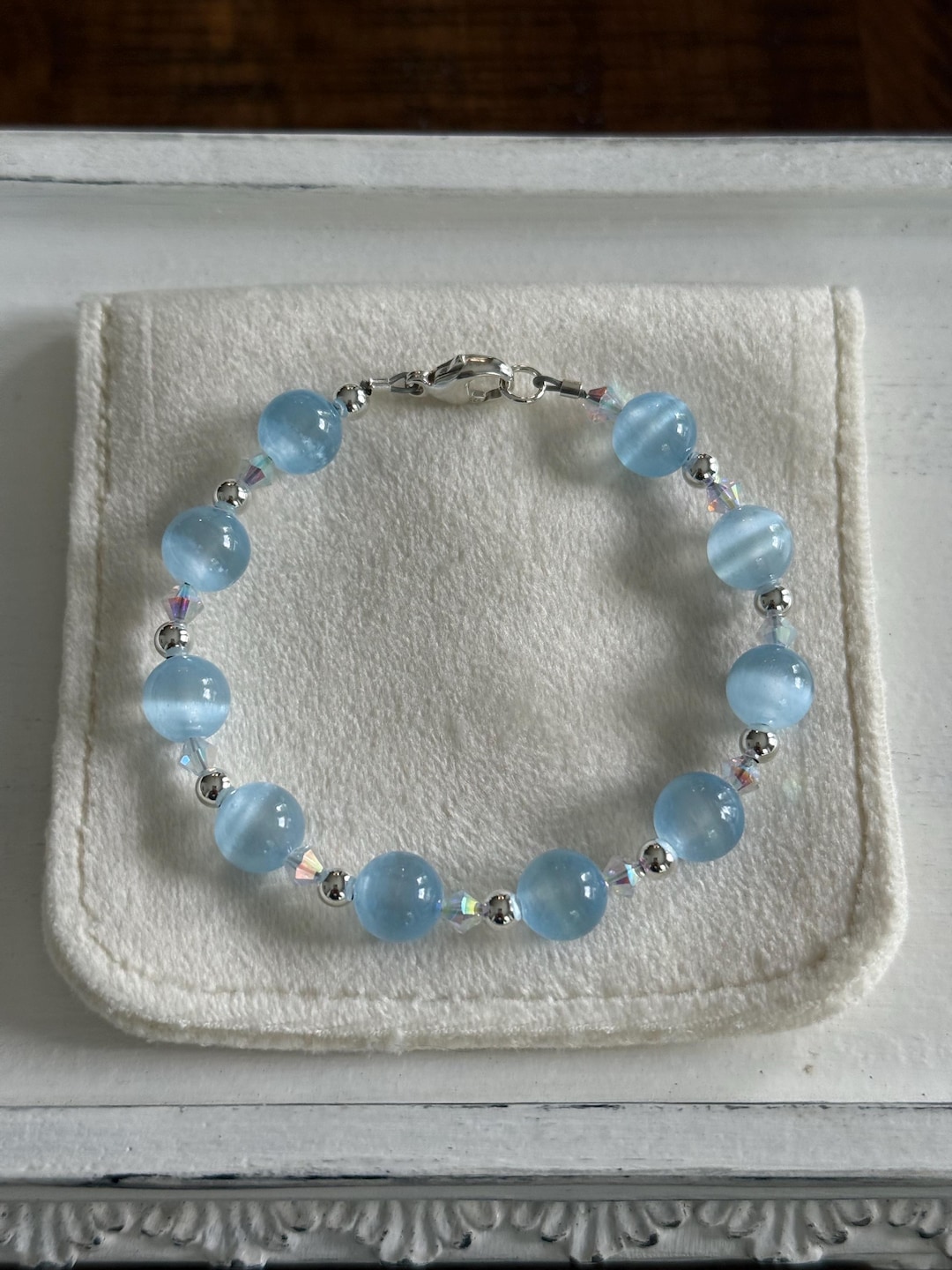 Light Blue Selenite Gemstone and Genuine Swarovski Crystal .925 ...