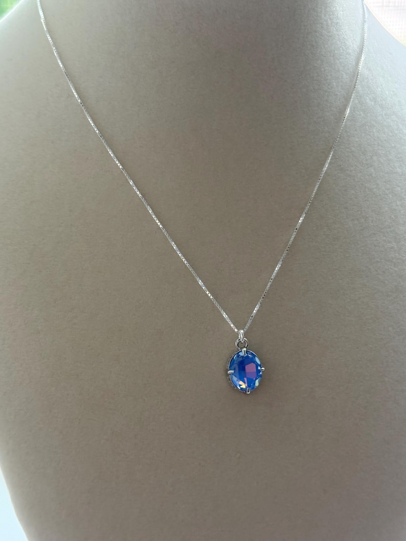 Blue Oval Crystal Pendant on Silver Box Chain; Sparkly Blue Pendant ...