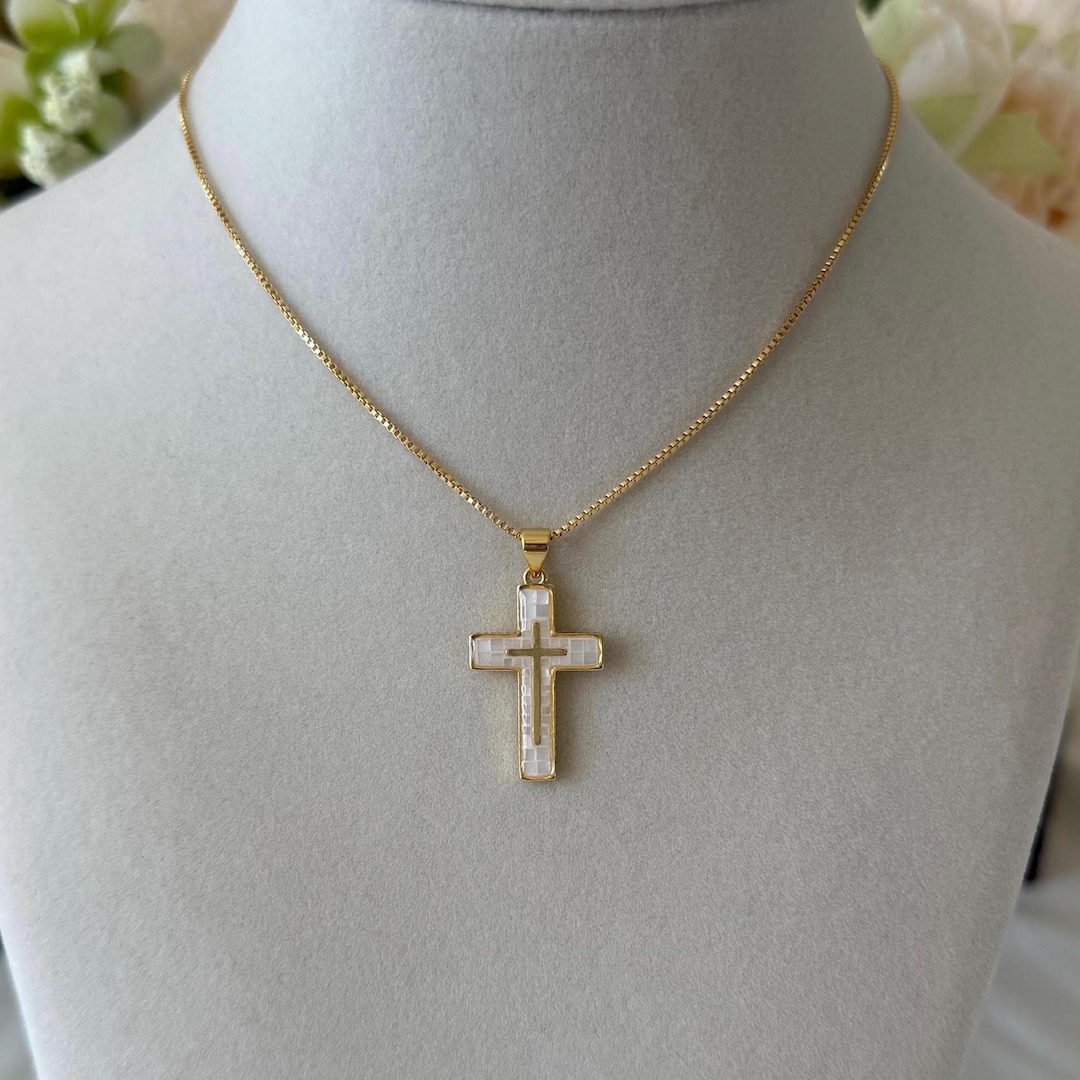 White Abalone Shell Cross Pendant on 14K Gold Filled Chain Handmade ...