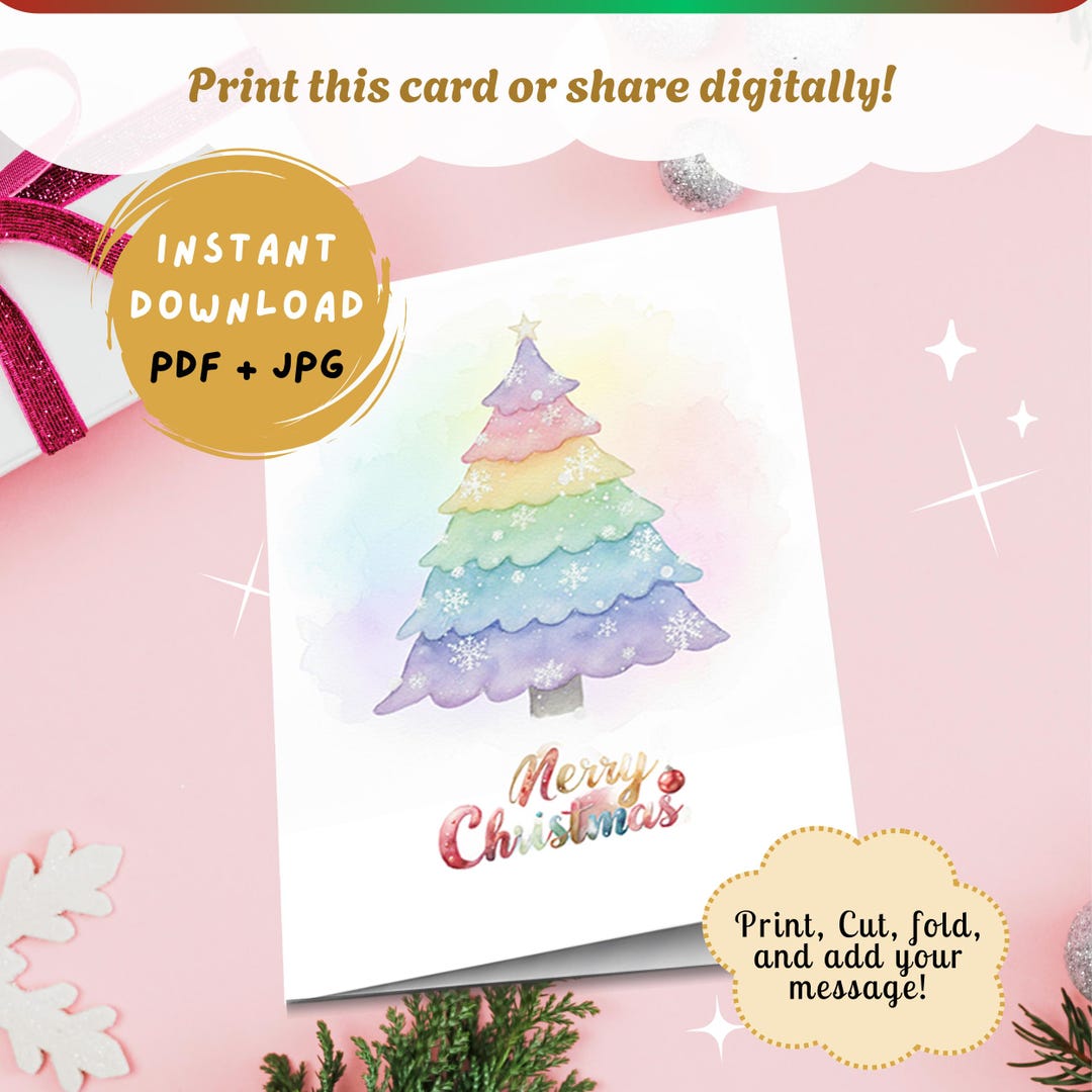 Watercolor Rainbow Pastel Christmas Tree Card | Printable Minimal Merry ...