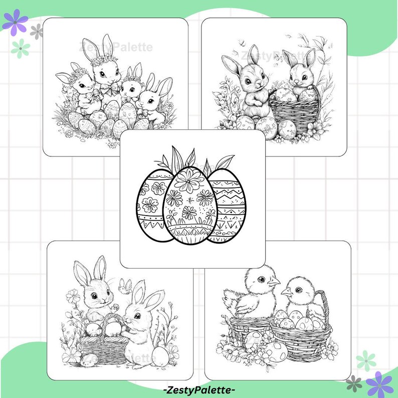 10 Cute Easter Coloring Pages for Kids and Adults | Spring Floral Bunny ...
