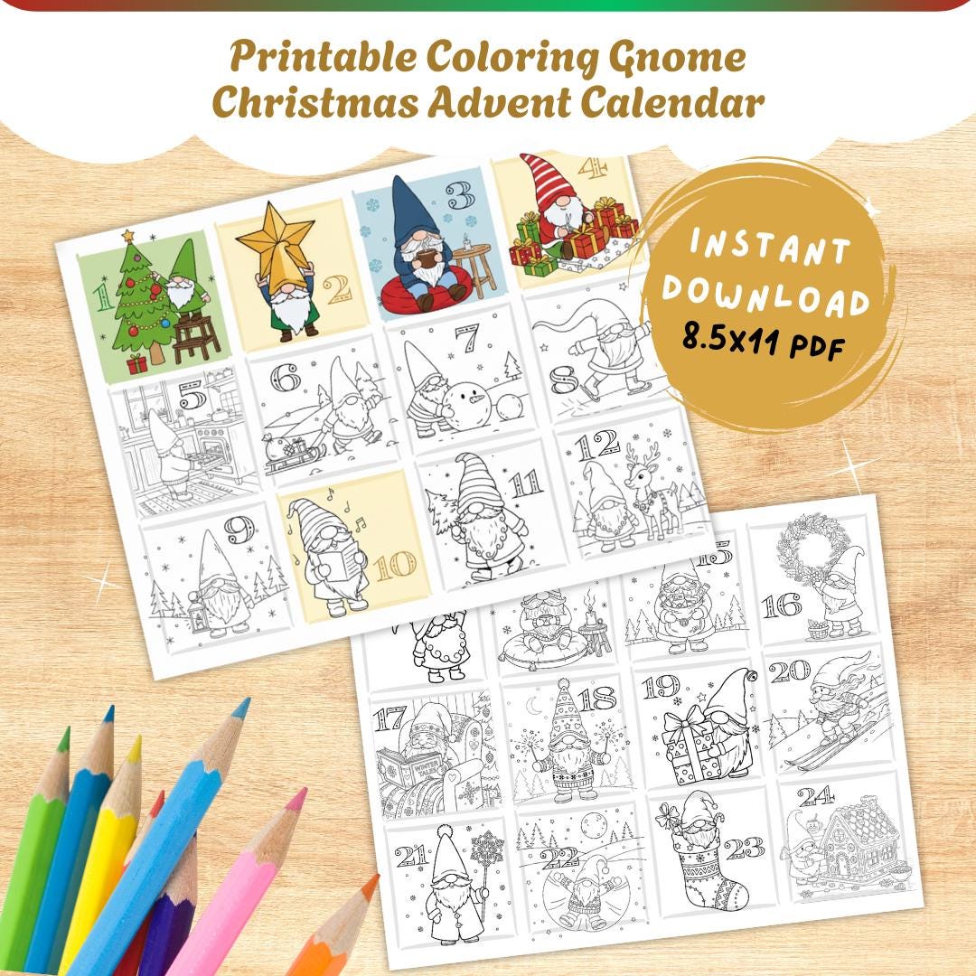 Unique Advent Calendars Printable | Gnome Christmas Doodle Coloring ...