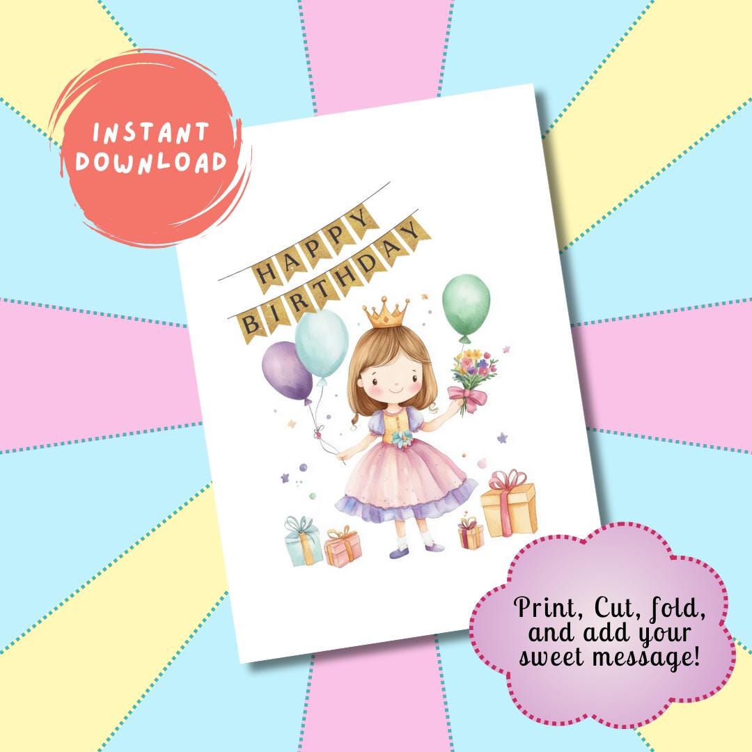 Princess Birthday Card | Little Girl, 5x7 Printable PDF & JPG Instant ...