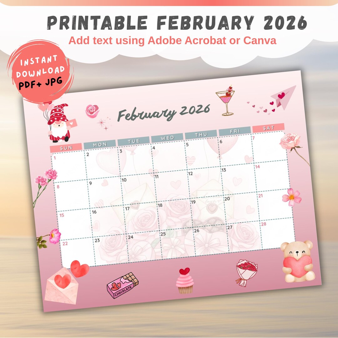 Printable 2026 February Calendar PDF-JPG | Gnome Valentine Minimal ...