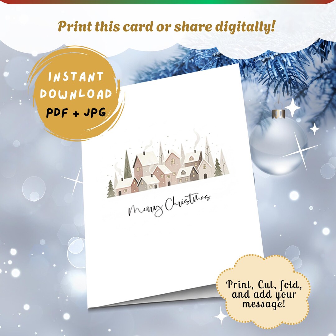 Minimal Winter Town Christmas Card | Cozy Watercolor Holiday Greeting ...