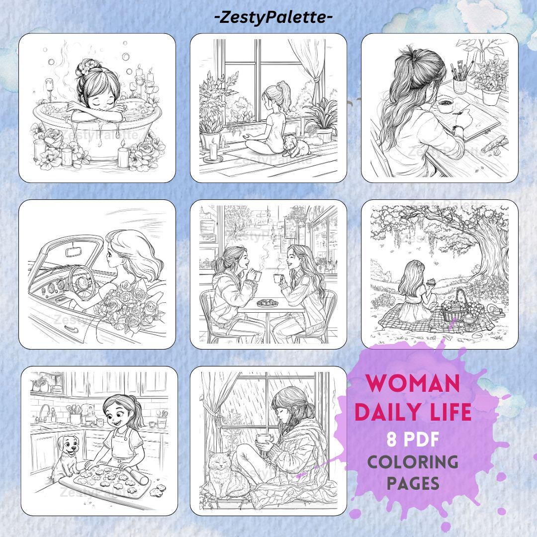 8 Coloring Pages -- Girl Moments Woman’s Daily Life Activities ...