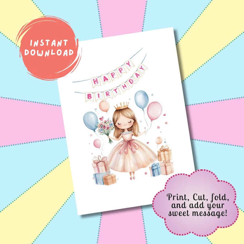 Princess Birthday Card: Whimsical Girl 5x7 Printable (PDF & JPG) - Etsy