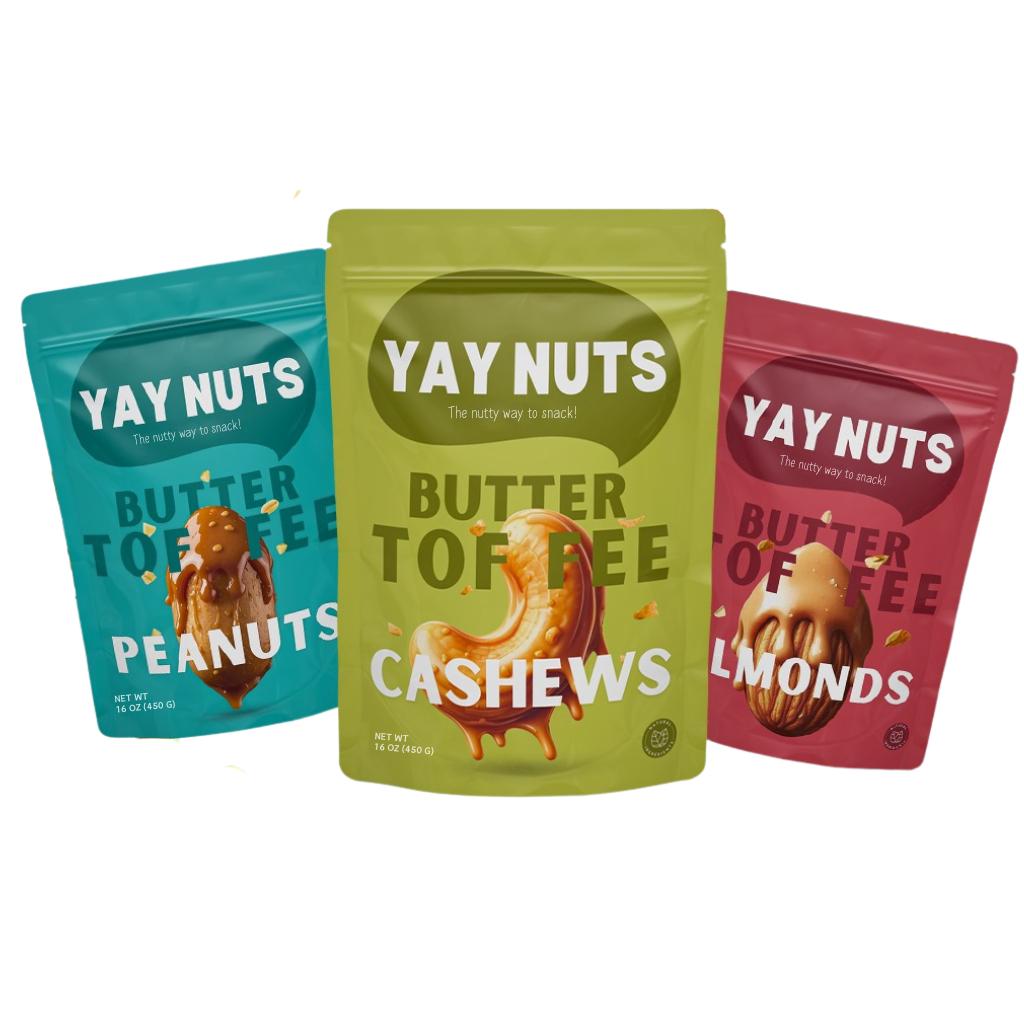 Yay Nuts Butter Toffee Cashews, Almonds, Peanuts - 1 LB (16 Oz) Each ...