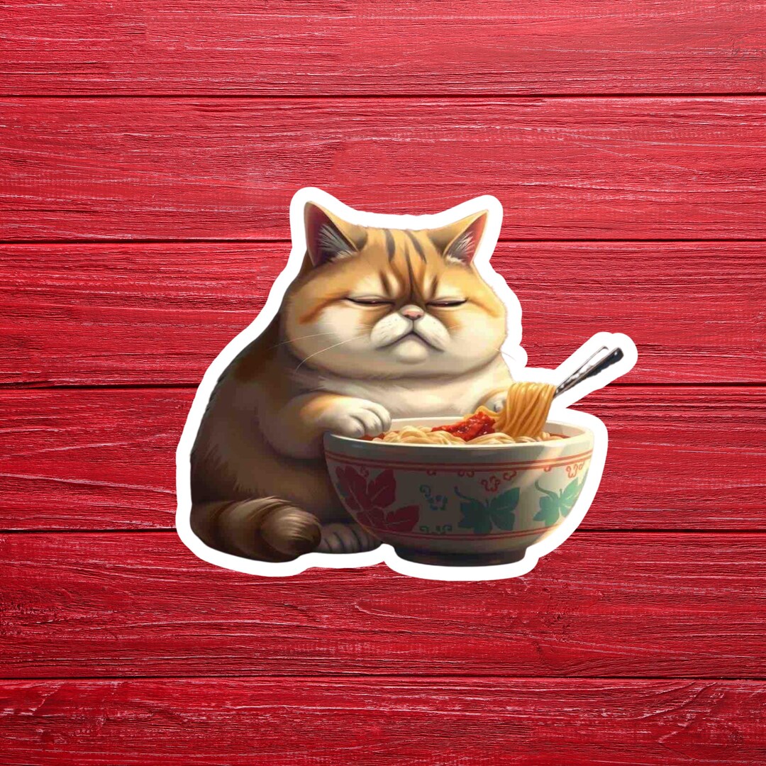 Sad Cat Eating Ramen Sticker | Cute | Vinyl | Journal | Laptop/water ...