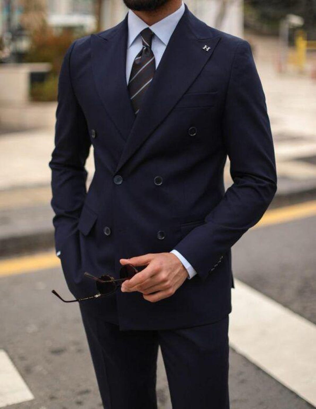 Men's Double Breasted Suit - Wedding Suit Peak Lapel Slim Fit 6 Button ...