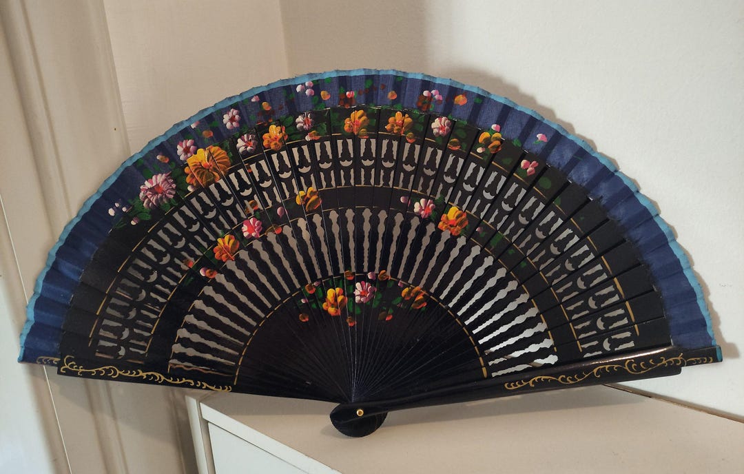 Spanish Wooden and Fabric, Dark Blue Hand Fan, Floral Draw, Decoration ...