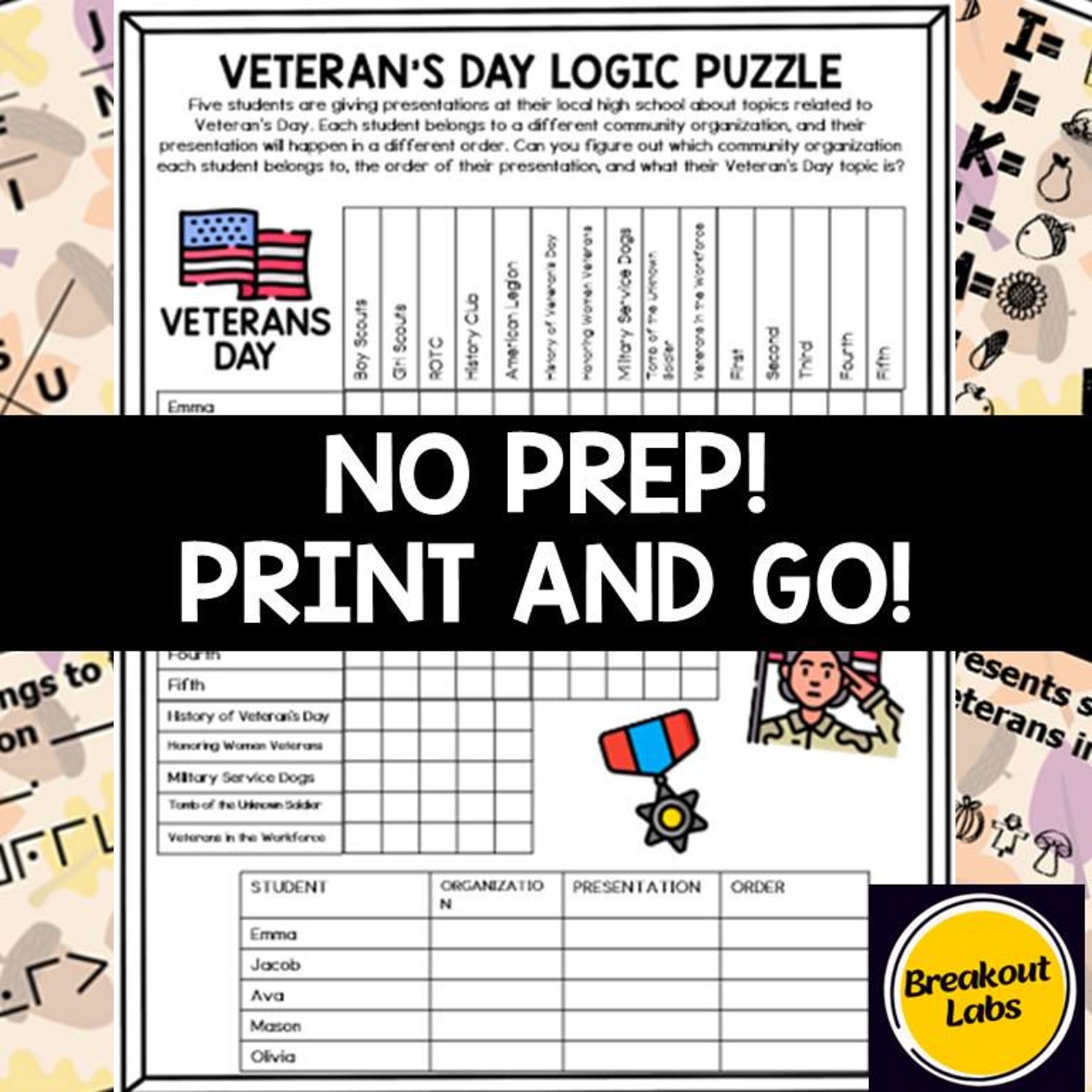 Veteran's Day Scavenger Hunt - Logic Puzzle Game for Kids - Fall ...