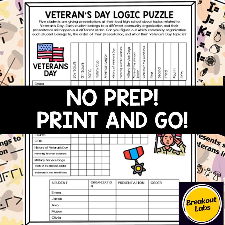 Veteran's Day Scavenger Hunt - Logic Puzzle Game for Kids - Fall ...