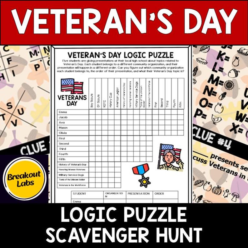 Veteran's Day Scavenger Hunt - Logic Puzzle Game for Kids - Fall ...
