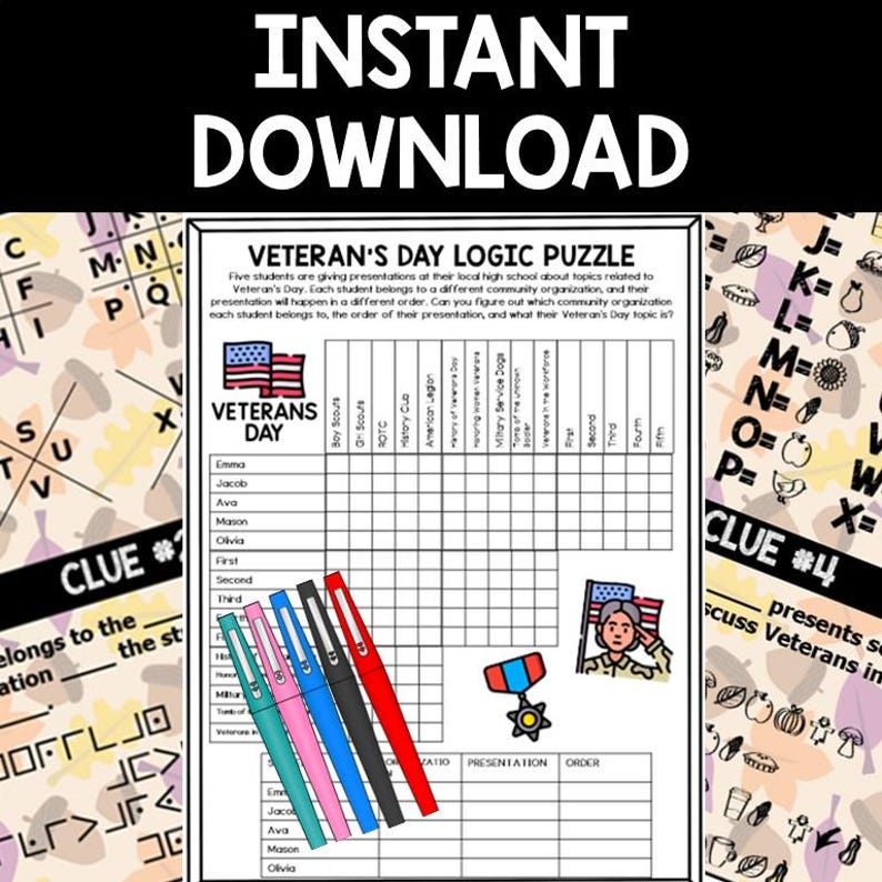 Veteran's Day Scavenger Hunt - Logic Puzzle Game for Kids - Fall ...