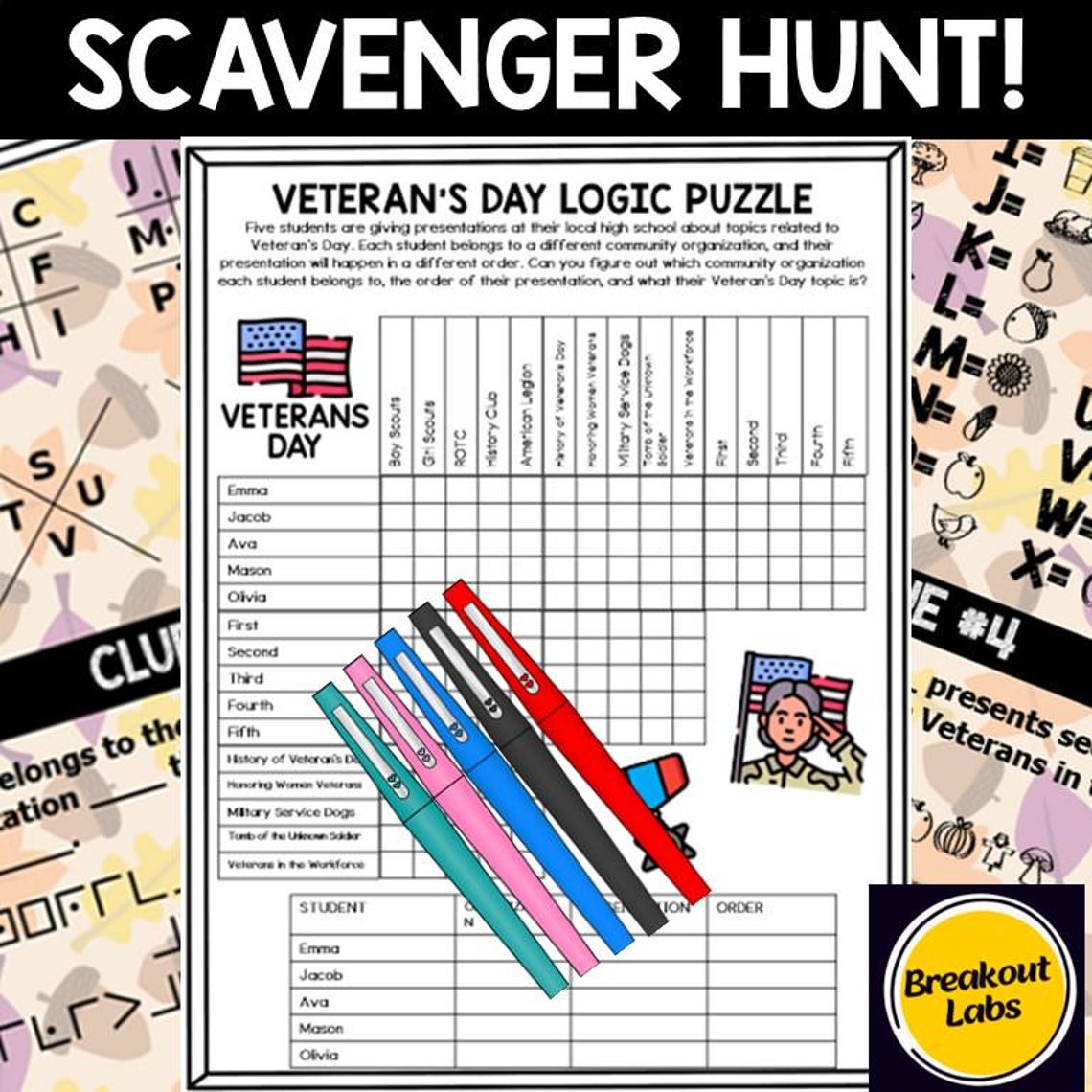Veteran's Day Scavenger Hunt - Logic Puzzle Game for Kids - Fall ...