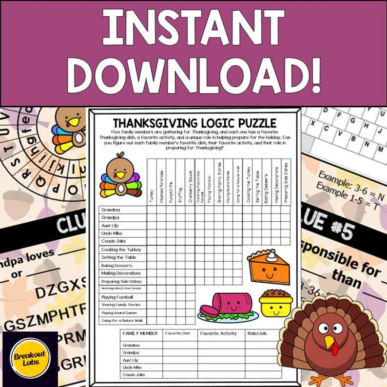 Thanksgiving Day Logic Puzzle Scavenger Hunt - Logic Puzzle Game for ...