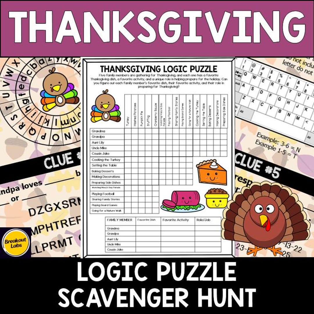 Thanksgiving Logic Puzzle Scavenger Hunt: Family Game (printable) - Etsy