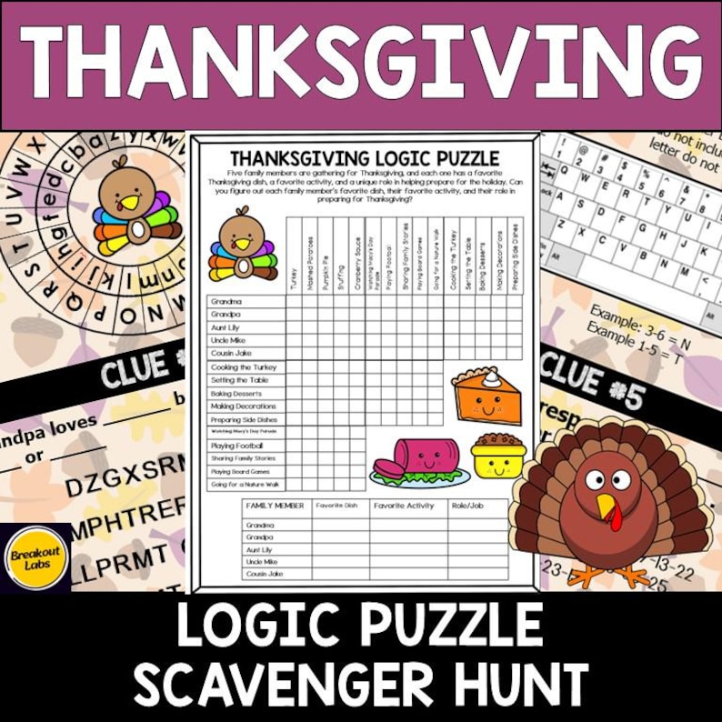 Thanksgiving Day Logic Puzzle Scavenger Hunt - Logic Puzzle Game for ...