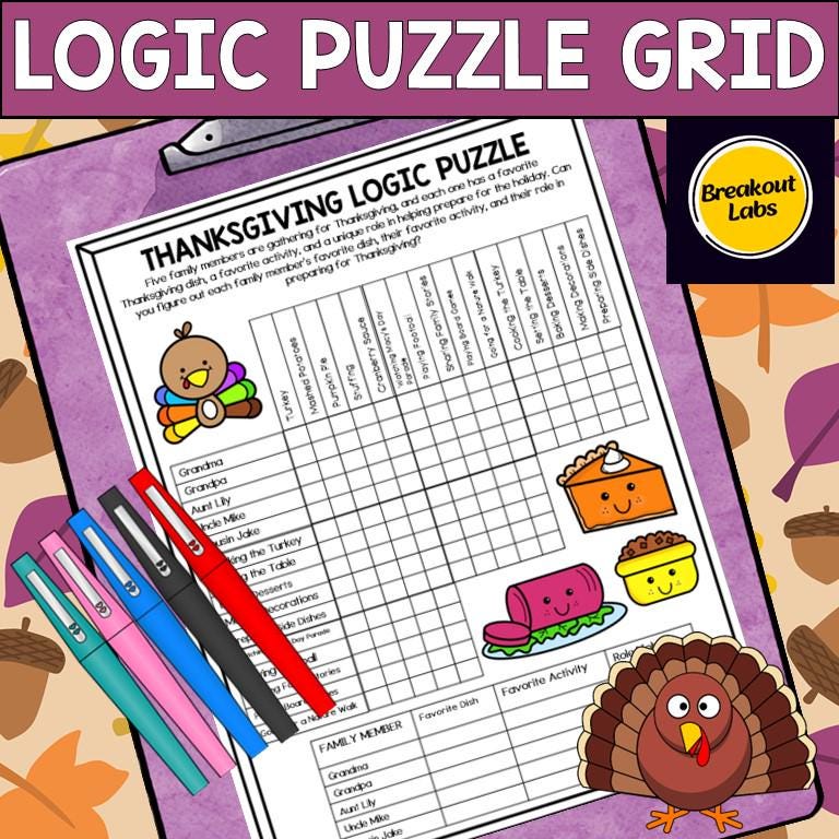 Thanksgiving Day Logic Puzzle Scavenger Hunt - Logic Puzzle Game for ...