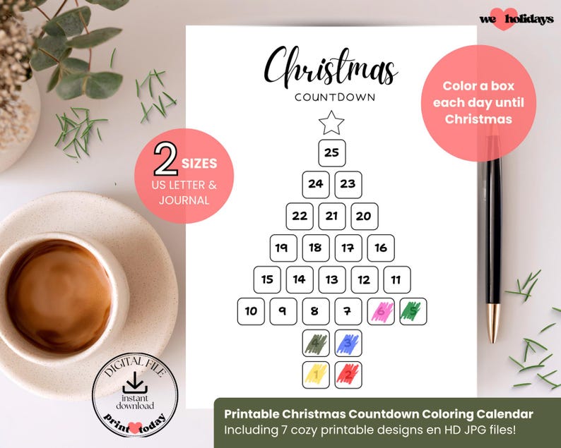 Printable Christmas Countdown Coloring Calendar, Days Until Christmas ...