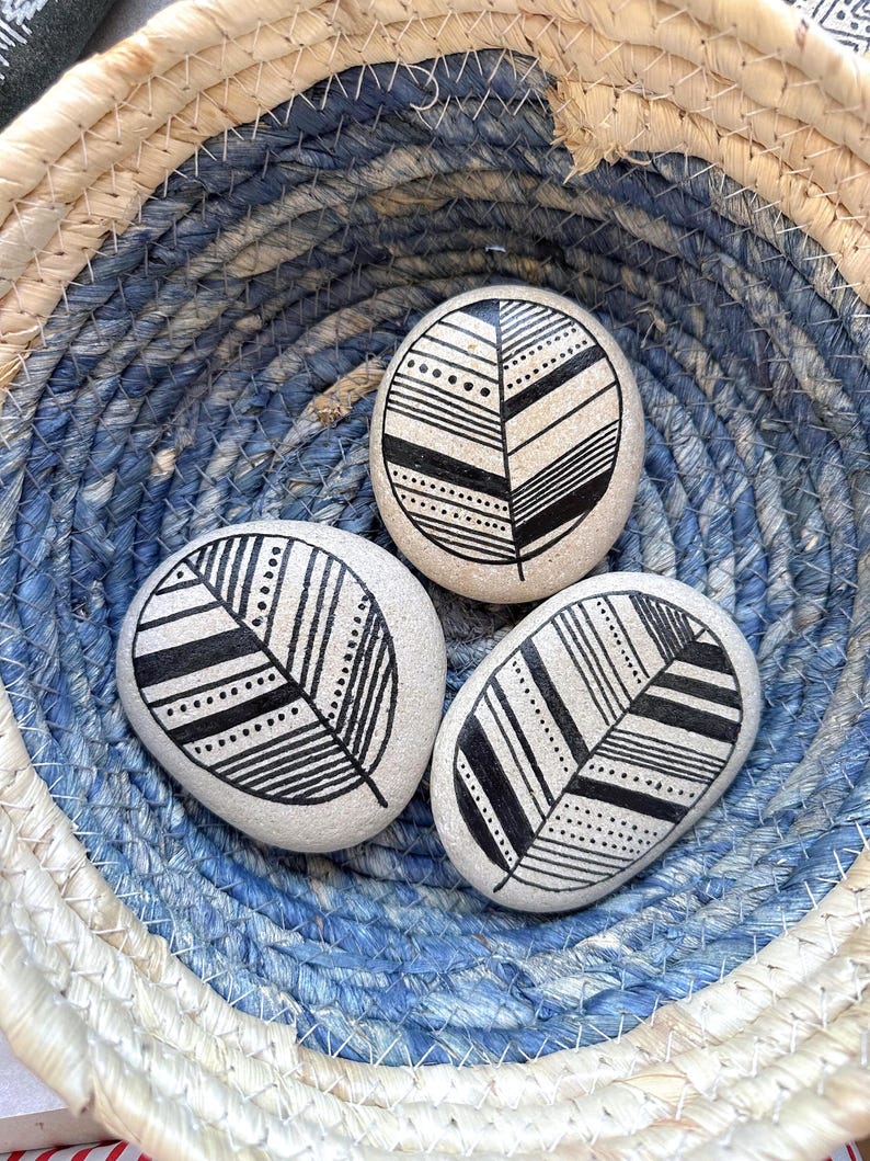 3 Black and White Mandala Feathers - Hand Painted Rocks, Sea Pebble ...