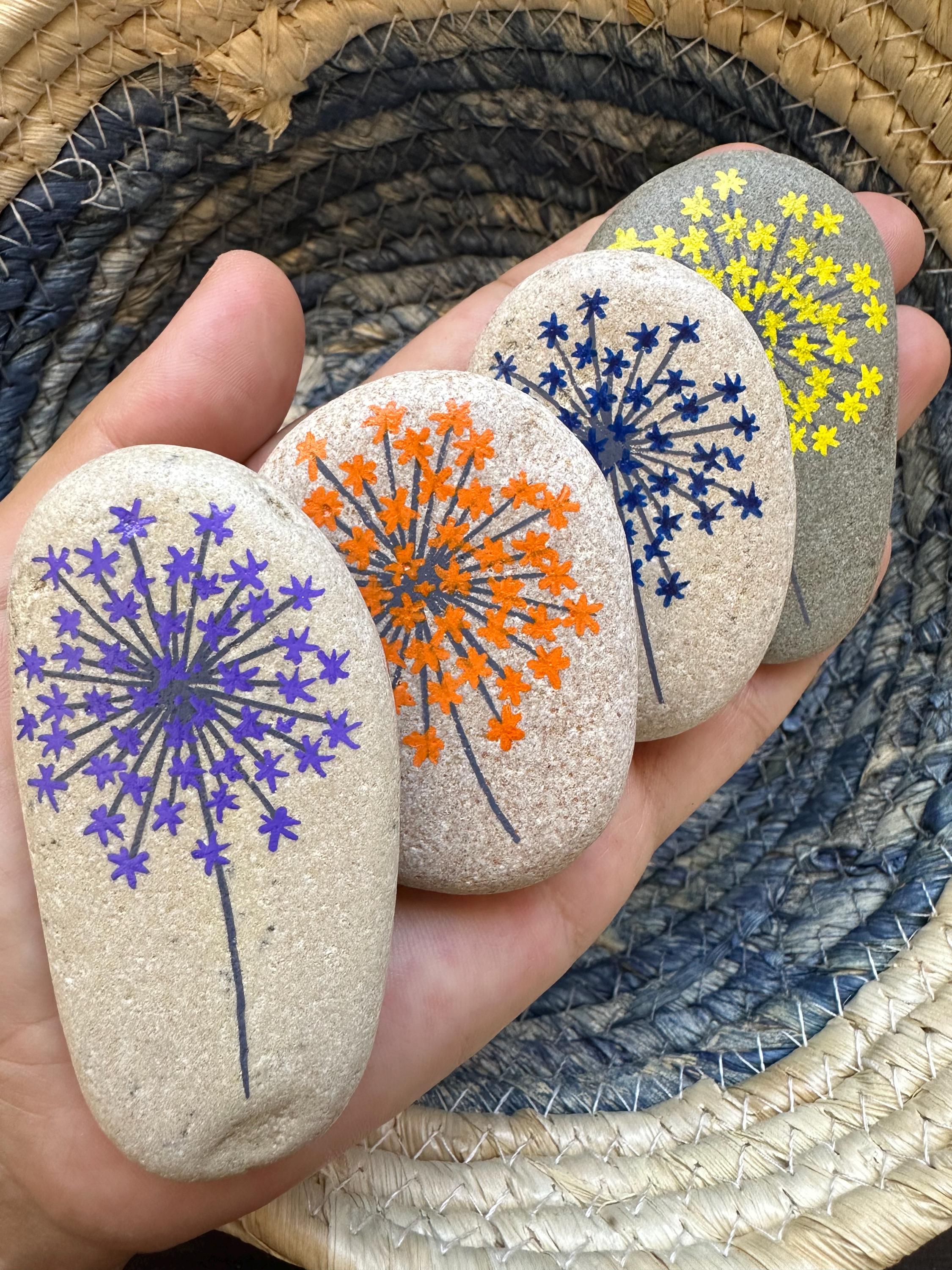 Hand Painted Pebbles - Colourful Dandelion on Stone - Handmade Decor ...