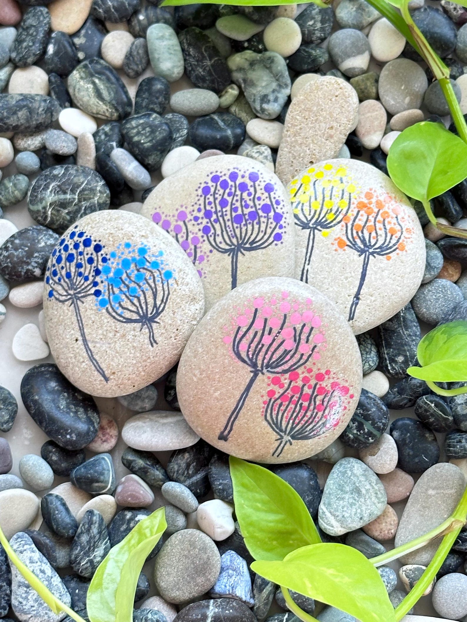 Hand Painted Pebbles - Colourful Dandelion on Stone - Handmade Decor ...
