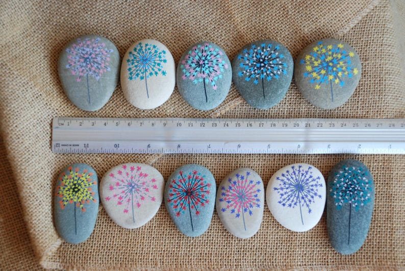 Hand Painted Pebbles - Colourful Dandelion on Stone - Handmade Decor ...