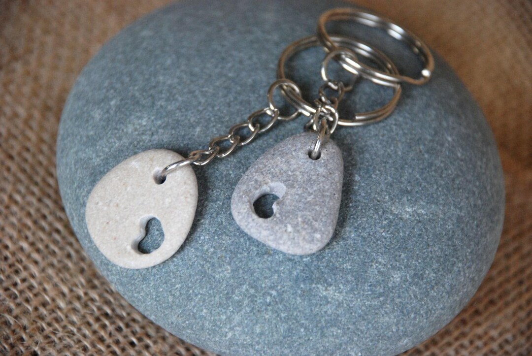 Engraved Heart Pebble Keychain - Natural Heart Stone Key Ring, Love ...