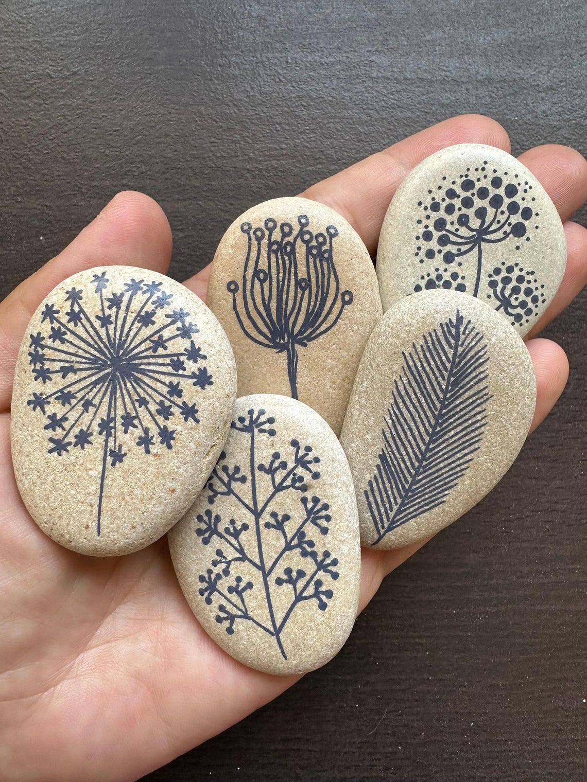 Hand Painted Stones Pebbles With Floral Botanical Motives White Black ...