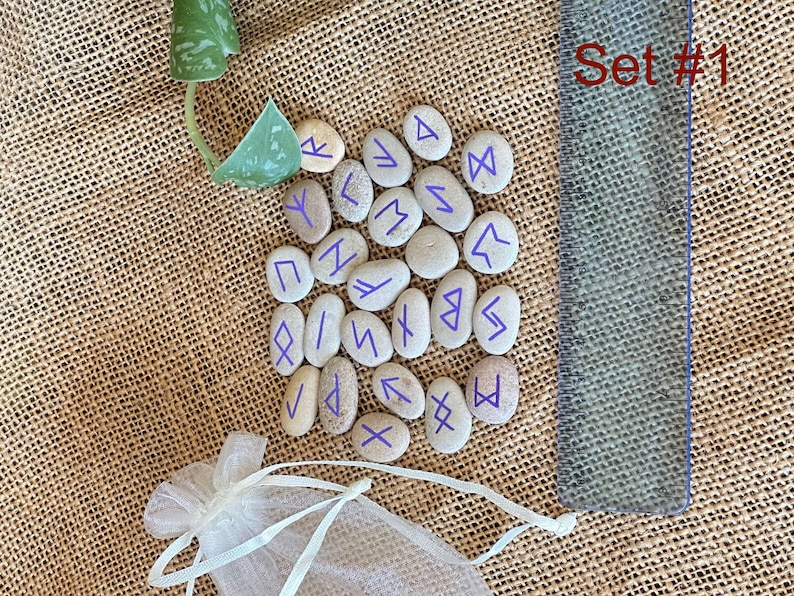 25 Sea Stone Runes in Organza Pouch - Elder Futhark Runes, Hand Painted ...