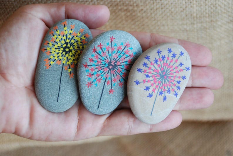 Hand Painted Pebbles - Colourful Dandelion on Stone - Handmade Decor ...