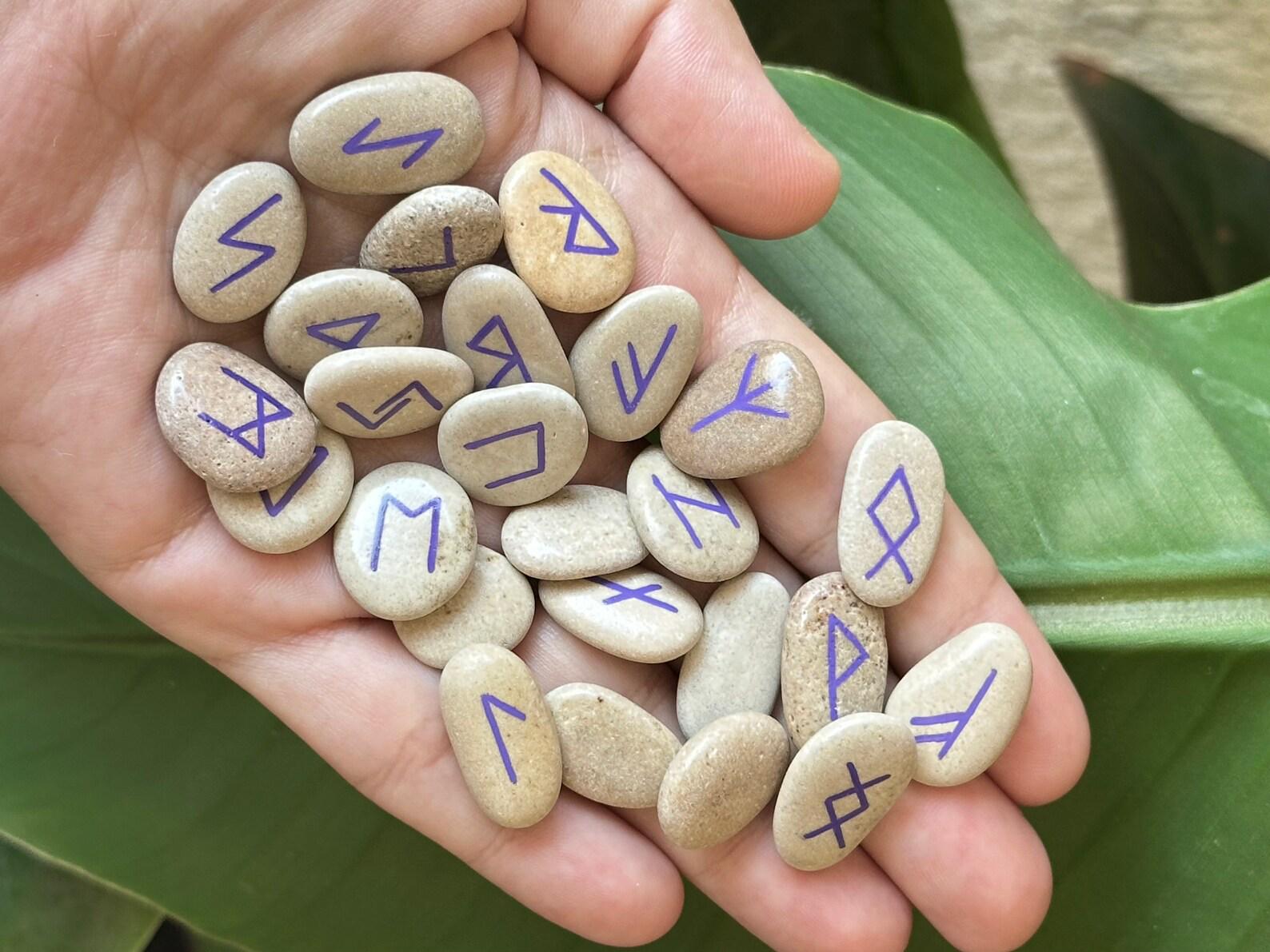 25 Sea Stone Runes in Organza Pouch - Elder Futhark Runes, Hand Painted ...