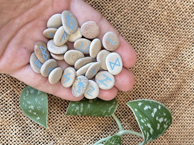 25 Sea Stone Runes in Small Pouch - Elder Futhark Runes, Hand Painted ...