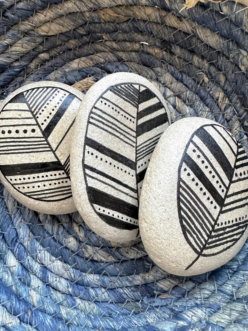 3 Black and White Mandala Feathers - Hand Painted Rocks, Sea Pebble ...