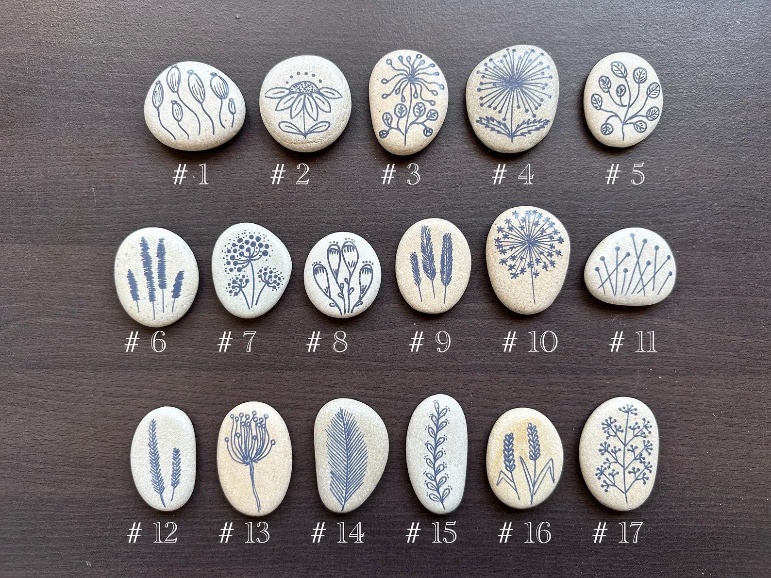 Hand Painted Stones Pebbles With Floral Botanical Motives White Black ...